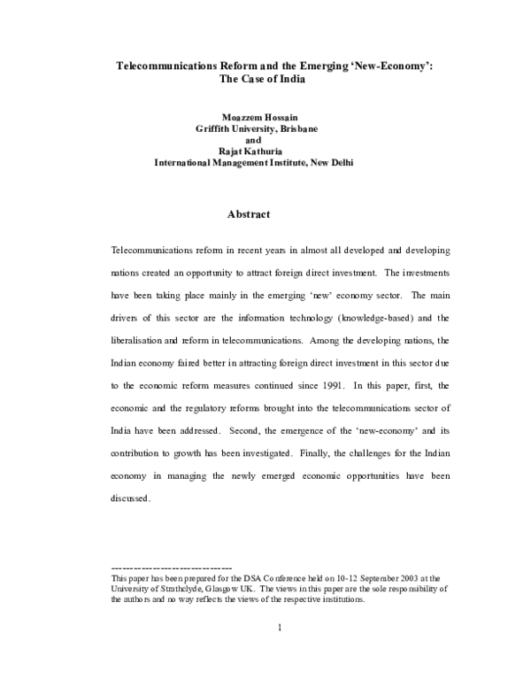 (PDF) Telecommunications reform and the emerging ''new'' economy: the ...