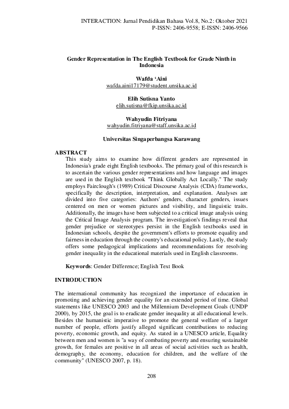 (PDF) Gender Representation in The English Textbook for Grade Ninth in ...