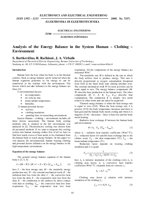 (PDF) Analysis of the Energy Balance in the System Human – Clothing ...