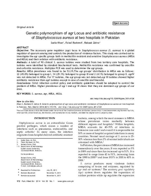 (PDF) Genetic Polymorphism of agr Locus and Antibiotic Resistance of ...