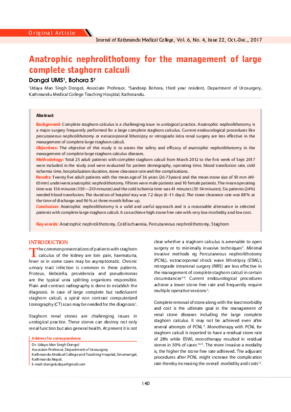 (PDF) Anatrophic Nephrolithotomy for The Management of Large Complete ...