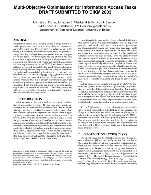 (PDF) Multi-Objective Optimisation for Information Access Tasks