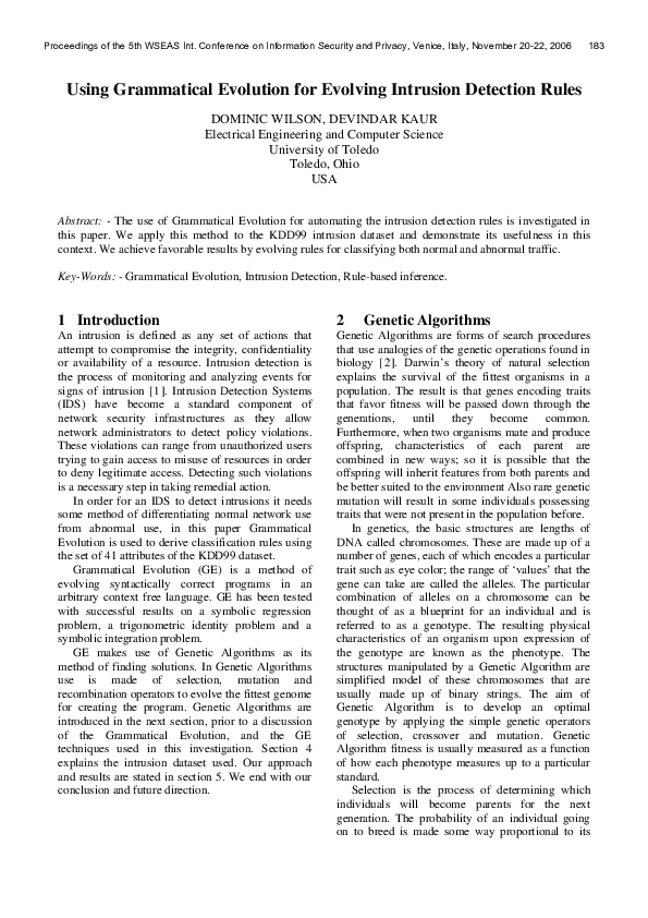 (PDF) Using grammatical evolution for evolving intrusion detection rules | Dominic Wilson ...