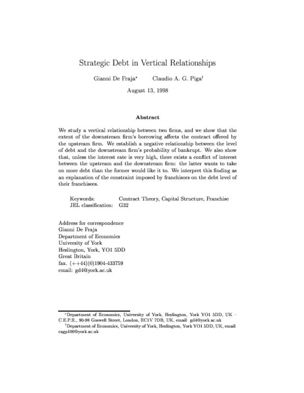 (PDF) Strategic Debt In Vertical Relationships | Gianni De Fraja ...