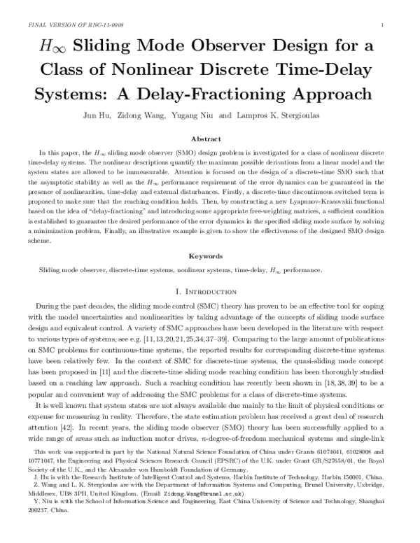 (PDF) H ∞ sliding mode observer design for a class of nonlinear discrete time-delay systems: A ...