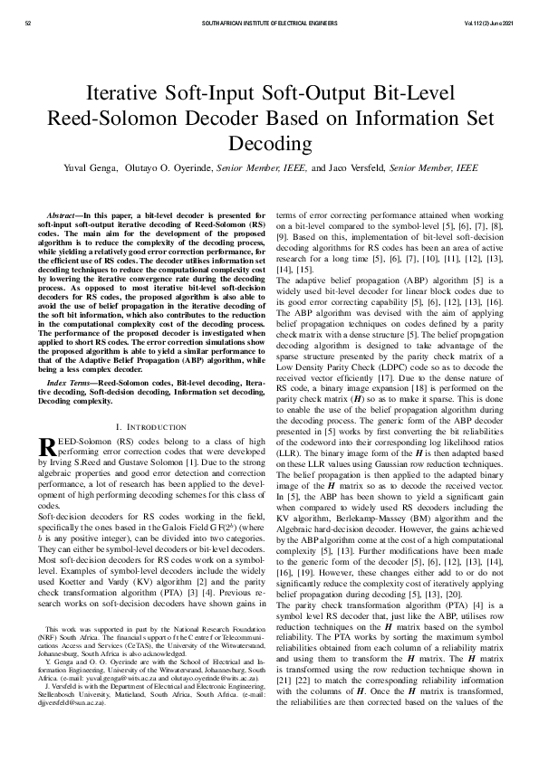 Pdf Iterative Soft Input Soft Output Bit Level Reed Solomon Decoder