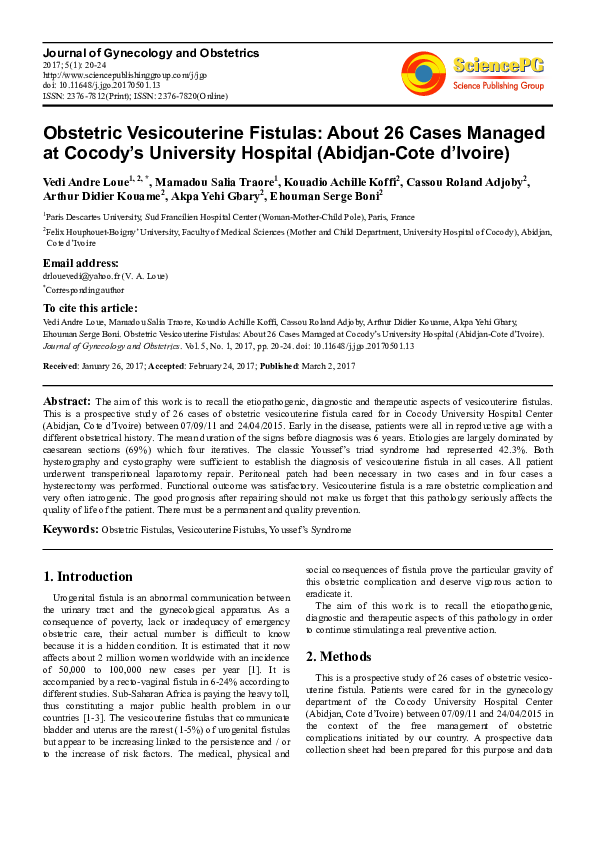 (PDF) Obstetric Vesicouterine Fistulas: About 26 Cases Managed at ...