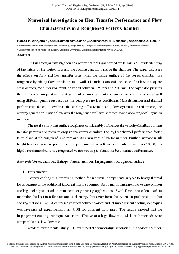 (PDF) Numerical investigation on heat transfer performance and flow characteristics in a ...