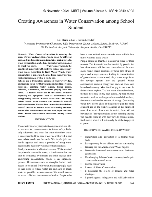 (PDF) Creating Awareness in Water Conservation among School Student
