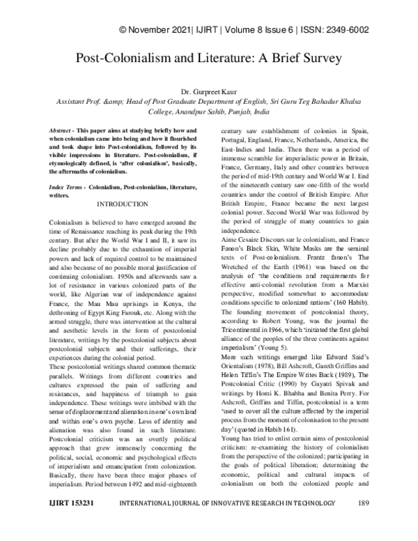 (PDF) Post-Colonialism and Literature: A Brief Survey