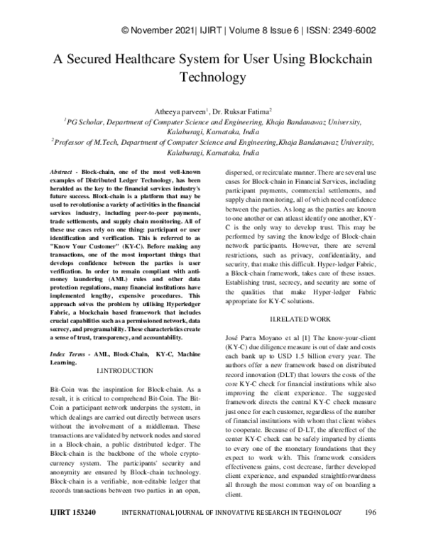 (PDF) A Secured Healthcare System for User Using Blockchain Technology