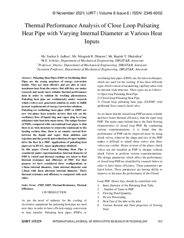 (PDF) Thermal Performance Analysis of Close Loop Pulsating Heat Pipe with Varying Internal ...