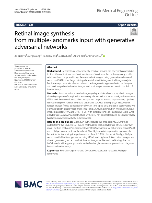 (PDF) Retinal image synthesis from multiple-landmarks input with generative adversarial networks