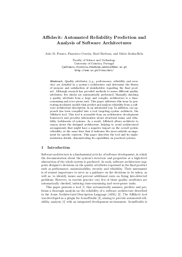 (PDF) Affidavit: Automated Reliability Prediction and Analysis of Software Architectures