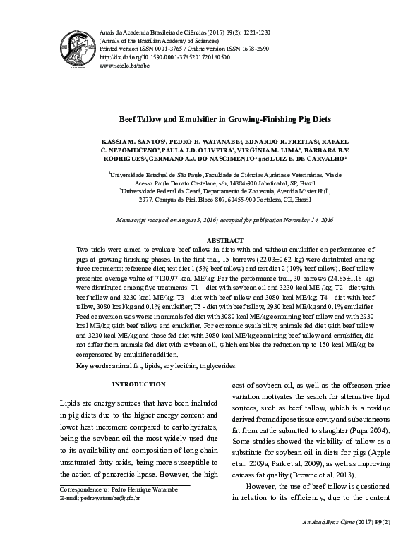 (PDF) Beef Tallow and Emulsifier in Growing-Finishing Pig Diets