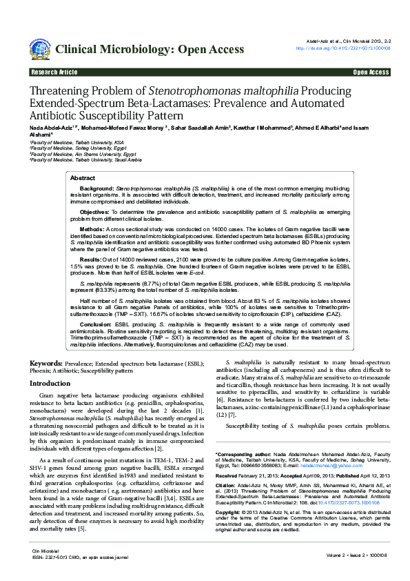 (PDF) Threatening Problem of Stenotrophomonas maltophilia Producing Extended-Spectrum Beta ...