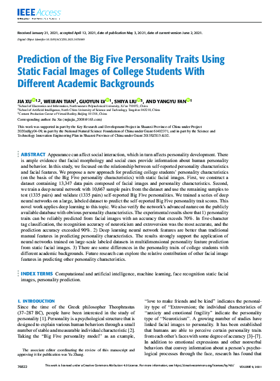 (PDF) Prediction of the Big Five Personality Traits Using Static Facial ...