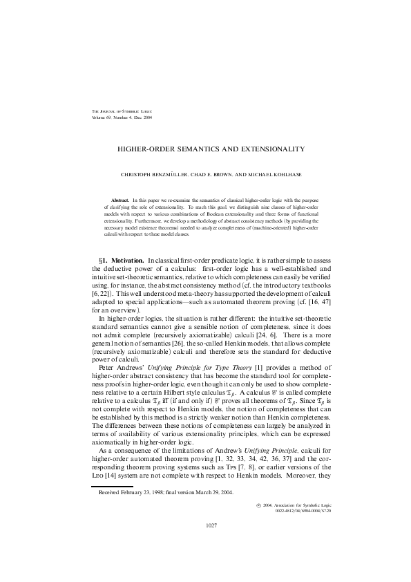 (PDF) Higher-order semantics and extensionality | Christoph Benzmüller ... (PDF) Higher-order semantics and extensionality | Christoph Benzmüller ...