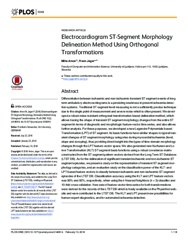 (PDF) Electrocardiogram ST-Segment Morphology Delineation Method Using Orthogonal Transformations