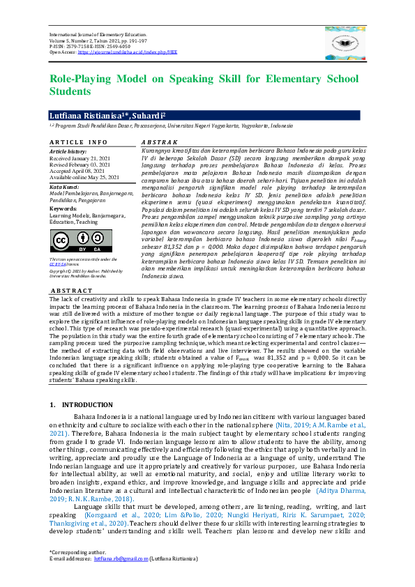 (PDF) Role-Playing Model on Speaking Skill for Elementary School Students