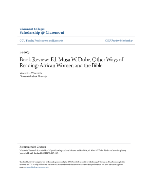 (PDF) Book Review: Ed. Musa W. Dube, Other Ways of Reading: African ...