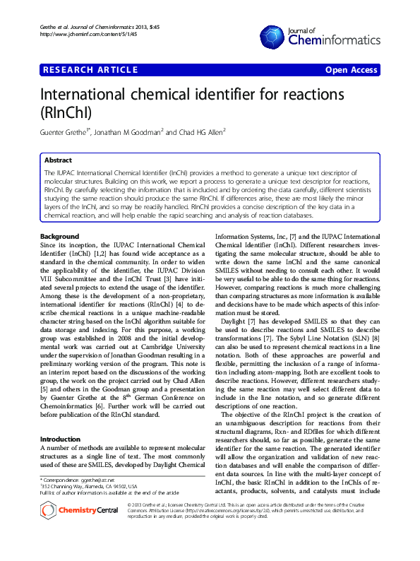 (PDF) International chemical identifier for reactions (RInChI)