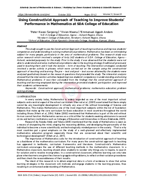 (PDF) Using Constructivist Approach of Teaching to Improve Students’ Performance in Mathematics ...