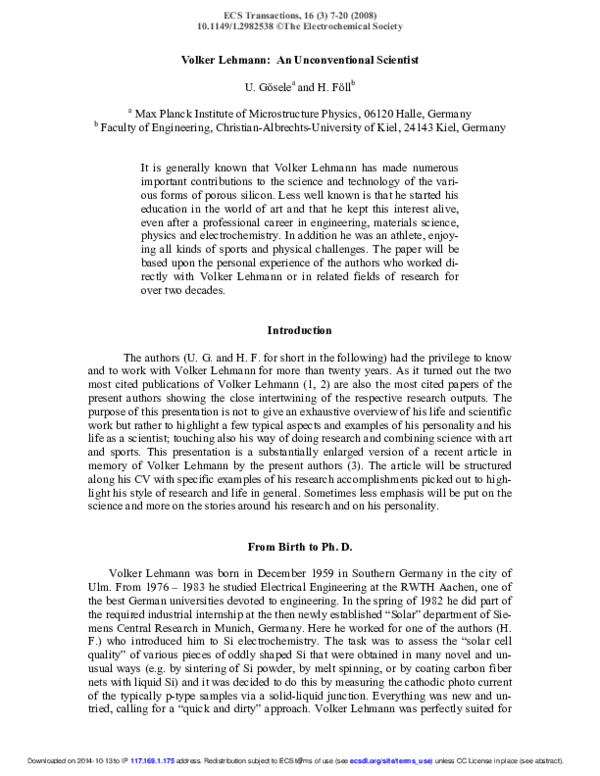 (PDF) Volker Lehmann: An Unconventional Scientist