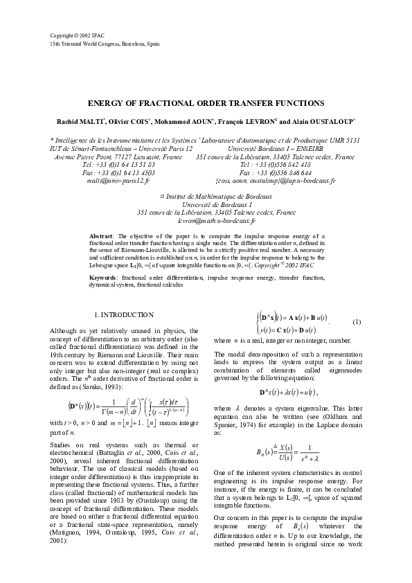 Pdf Energy Of Fractional Order Transfer Functions