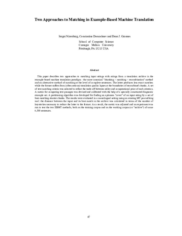 (PDF) Two Approaches to Matching in Example-Based Machine Translation