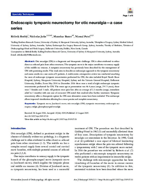 (PDF) Endoscopic tympanic neurectomy for otic neuralgia—a case series