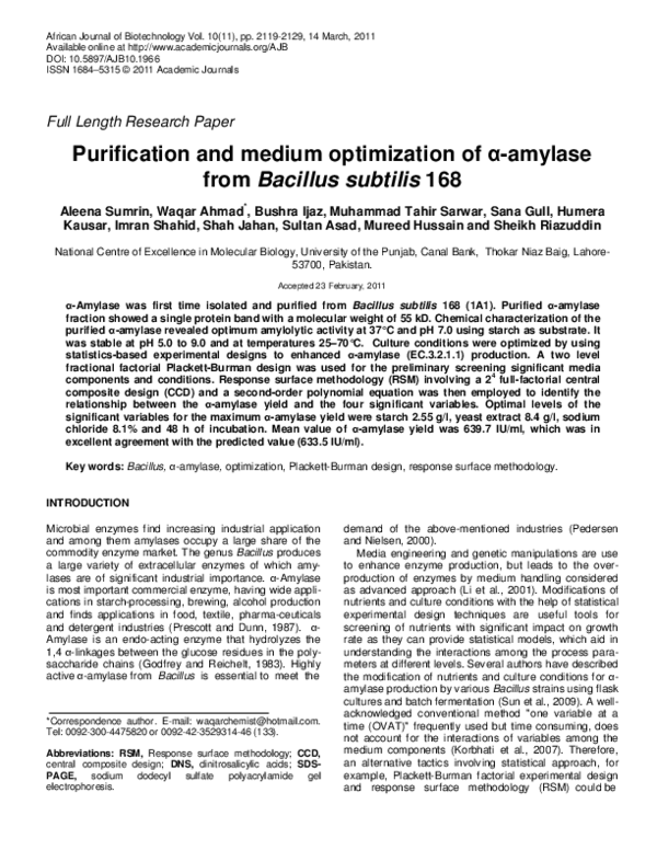 (PDF) Purification and medium optimization of α-amylase from Bacillus subtilis 168