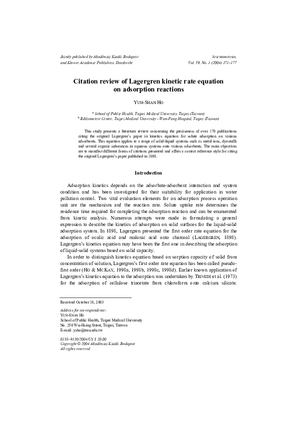 (PDF) Citation review of Lagergren kinetic rate equation on adsorption ...