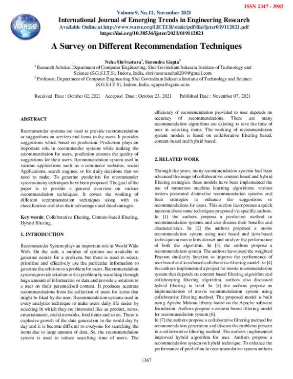 (PDF) A Survey on Different Recommendation Techniques