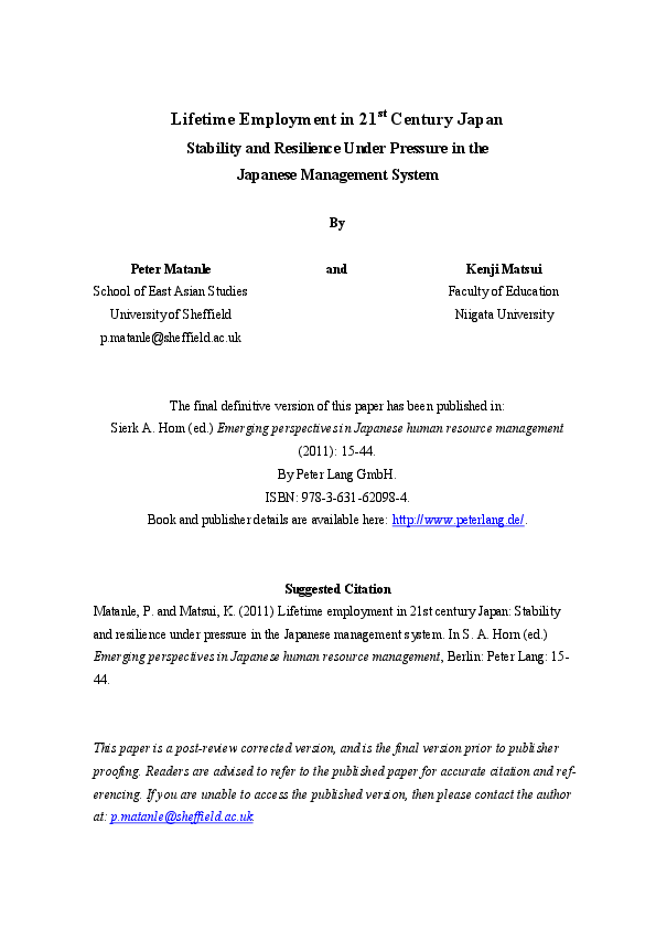 (PDF) Lifetime Employment in 21st Century Japan: Stability and Resilience Under Pressure in the ...
