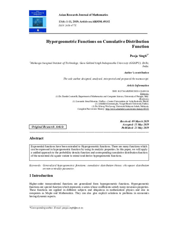 (PDF) Hypergeometric Functions on Cumulative Distribution Function