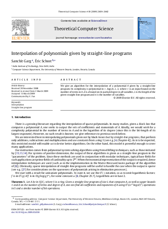 (PDF) Interpolation of polynomials given by straight-line programs