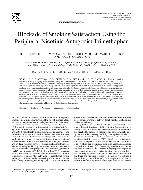 (PDF) Blockade of Smoking Satisfaction Using the Peripheral Nicotinic ...
