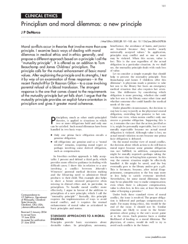 (PDF) Principlism and moral dilemmas: a new principle
