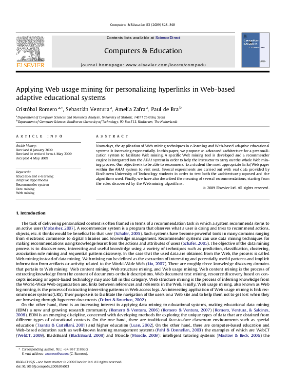 (PDF) Applying Web usage mining for personalizing hyperlinks in Web-based adaptive educational ...