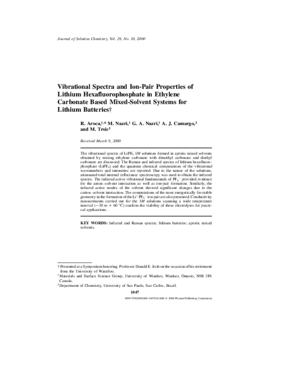 (PDF) Vibrational Spectra and Ion-Pair Properties of Lithium Hexafluorophosphate in Ethylene ...