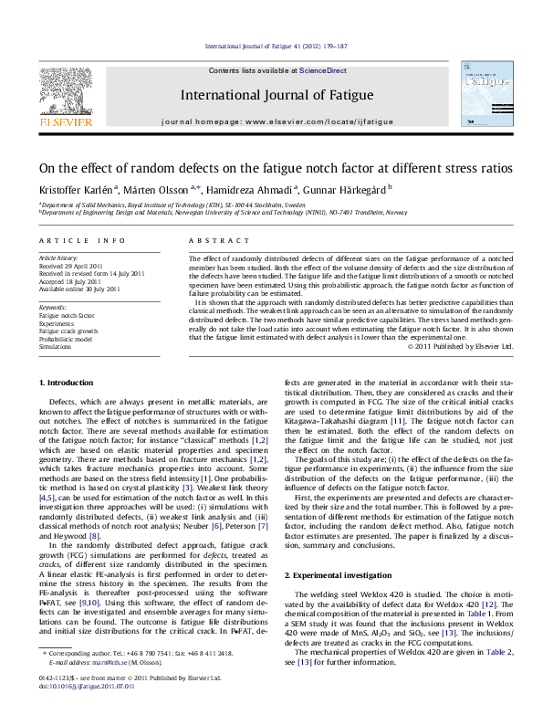 (PDF) On the effect of random defects on the fatigue notch factor at ...