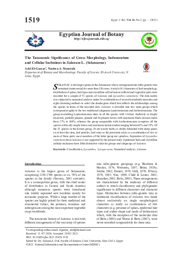 (PDF) The Taxonomic Significance of Gross Morphology Indumentum