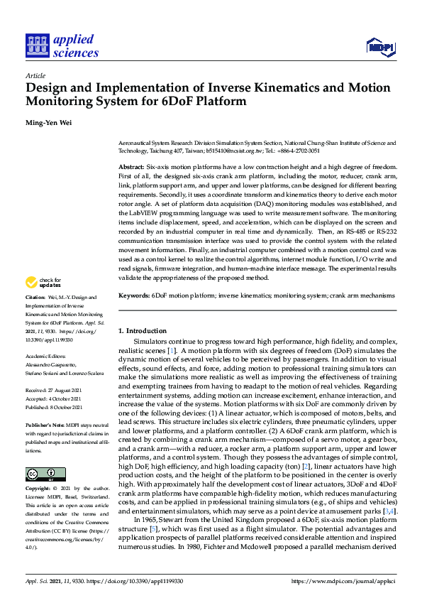 (PDF) Design and Implementation of Inverse Kinematics and Motion Monitoring System for 6Dof Platform