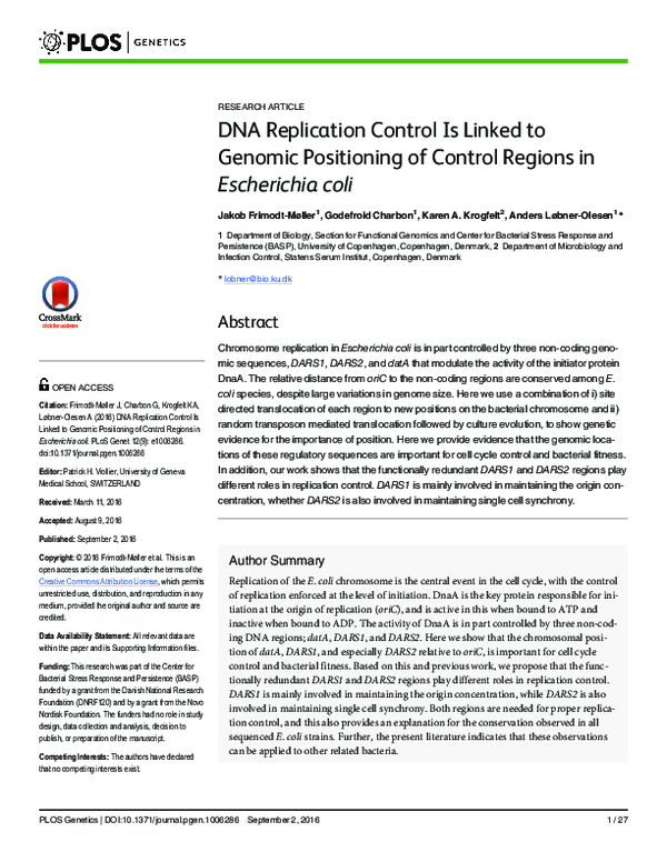 (PDF) DNA Replication Control Is Linked to Genomic Positioning of ...