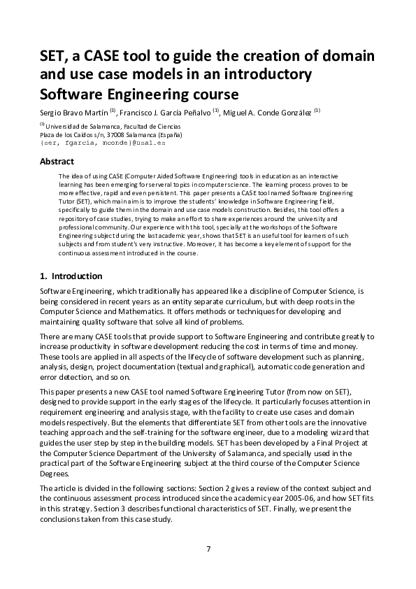 (PDF) SET, A CASE tool to guide the creation of domain and use case models in an introductory ...