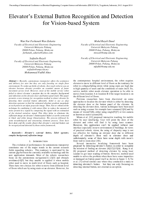 Pdf Elevator‘s External Button Recognition And Detection For Vision Based System