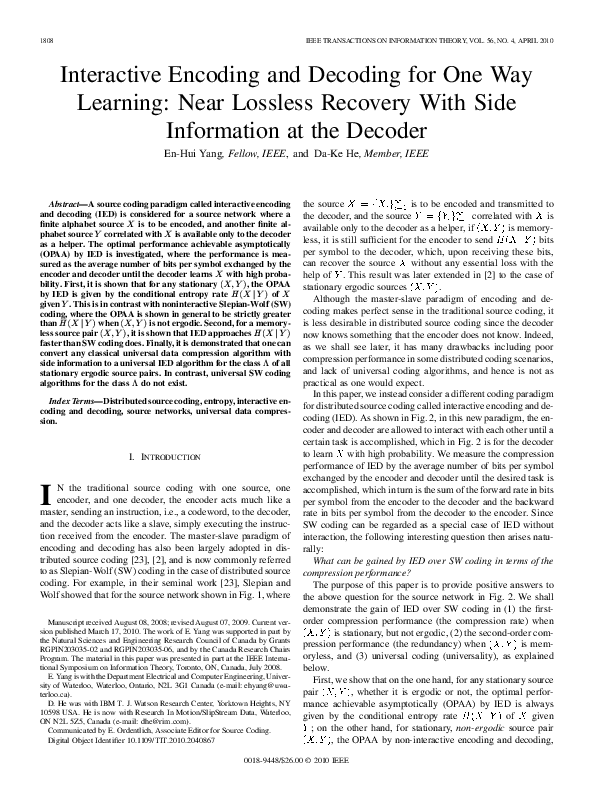 Pdf Interactive Encoding And Decoding For One Way Learning Near Lossless Recovery With Side
