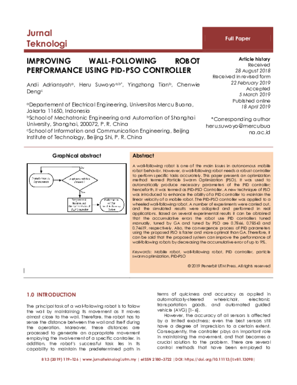 Pdf Improving The Wall Following Robot Performance Using Pid Pso Controller