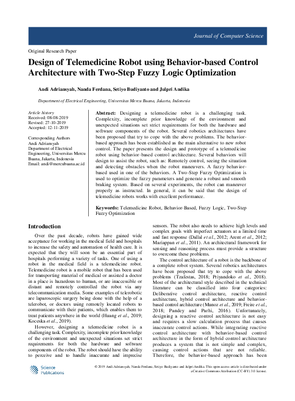 (PDF) Design of Telemedicine Robot using Behavior-based Control Architecture with Two-Step Fuzzy ...